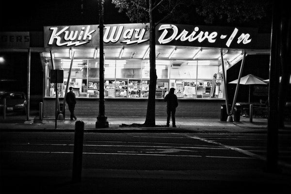 black and white night photograph of kwik way restaurant near lake ...
